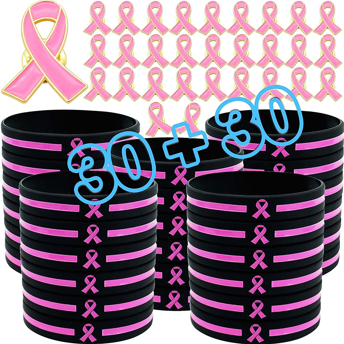 60 Pcs Breast Cancer Awareness Bulk Items Accessories 30 Breast Cancer Awareness Bracelets 30 Awareness Pins Pink Ribbon Wristband Fundraiser Gifts Breast Cancer Party Favor for Women Men 30 Set