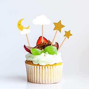 TAJIAA 36PCS Glitter Star Moon and Clouds Cupcake Toppers Picks for Birthday Party Baby Shower Wedding Christmas Valentine's Day Decorations