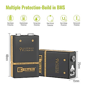 EEMB 9 Volt Rechargeable Batteries 650mAh with 9V Battery Charger for Smoke Alarm Detector 4-Packs