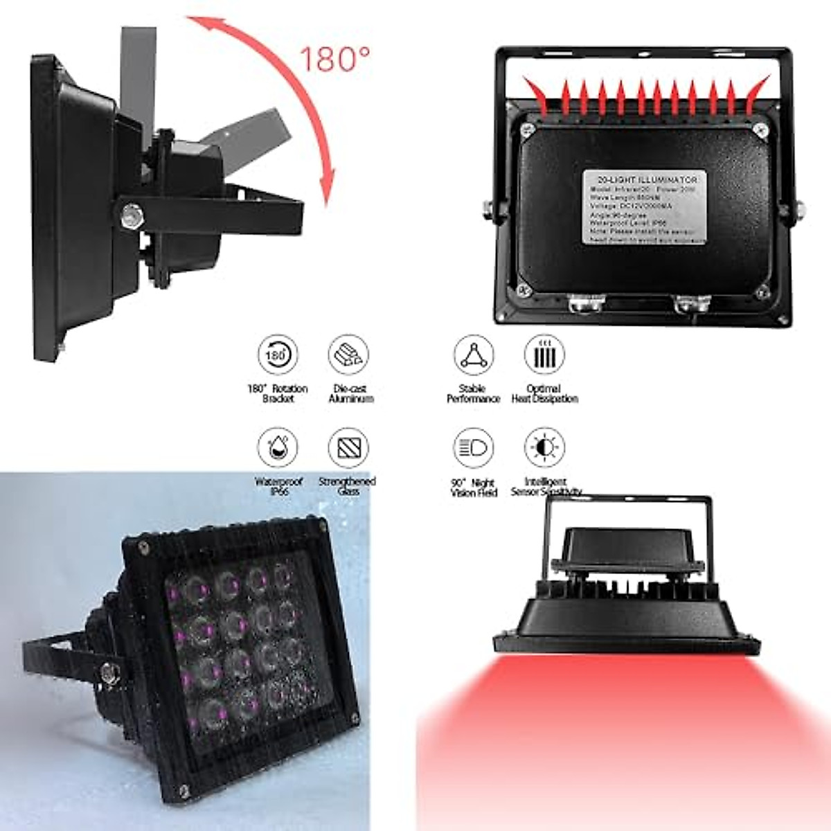 JCHENG SECURITY JC 210ft Infrared Illuminator, 20 LEDs 90 Degree Wide Angle IR Illuminator for Night Vision,Waterproof LED Infrared Flood Light Black