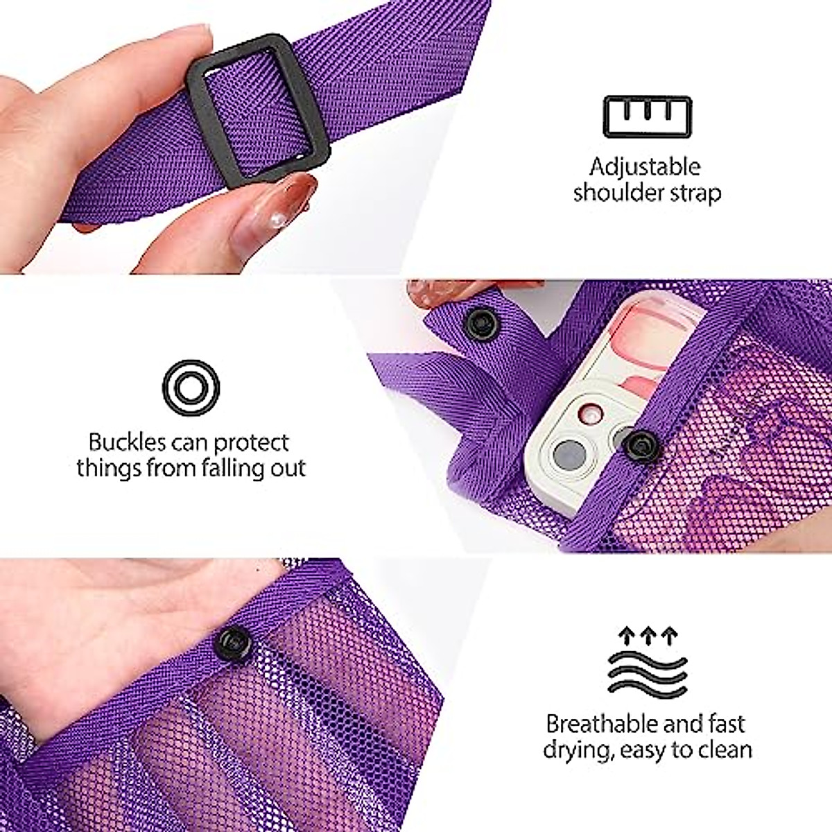Water Bottle Bag with Strap, Mesh Water Bottle Holder Crossbody Bottle Sling Bag Adjustable Shoulder Strap and Pocket - Lightweight Water Bottle Carrier for Walking Sports Hiking Camping (Purple)