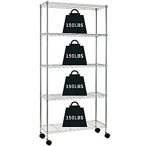 MGHH 5 Tier Garage Shelving, Metal Shelves Wire Shelving Unit Adjustable Heavy Duty Sturdy Steel Shelving Rolling Cart with Casters for Pantry Garage Kitchen (Chrome, 14" D x 30" W x 60" H)
