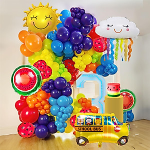 Rainbow Balloon Garland Arch Kit 140pcs Assorted Colors with Watermelon School bus Sun and Cloud Mylar balloons for Watermelon Birthday Party back to school Decorations