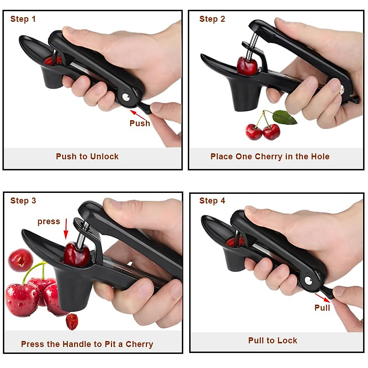 Cherry Pitter Tool - Heavy-Duty Stainless Steel Olive and Cherry Pitters Corer Tool with Space-Saving Lock Design, Multi-Function Cherries Stoner Seed Remover Tool for Making Cherry Jam (Black)