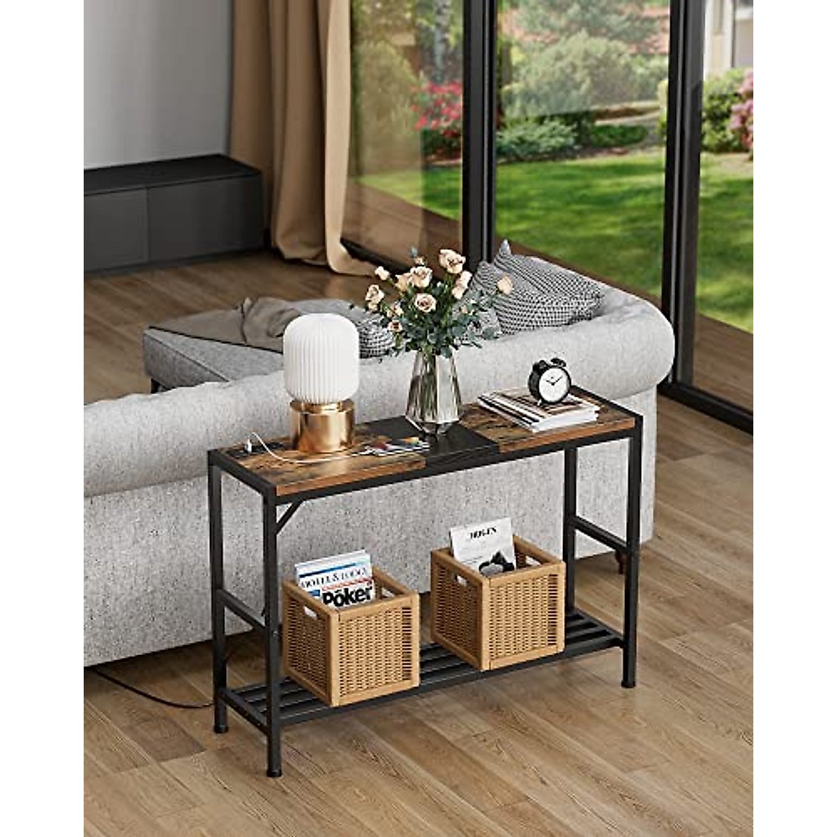 Egepon Console Table Sofa Table with Power Outlet, 41.3" Entryway Table with Shelves, Entrance Table for Entryway, Living Room, Foyer, Corridor, Front Hall, Coffee Bar, Kitchen, Rustic Brown and Black