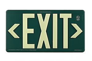 UL924 Listed & Listed for LED lighting 100 foot Jessup Glo Brite Indoor/Outdoor Glow-in-the-dark (Photoluminescent) Single Sided Exit sign with frame, Green, PM100 7080-B (Mounts 4 ways, includes bracket and arrows)