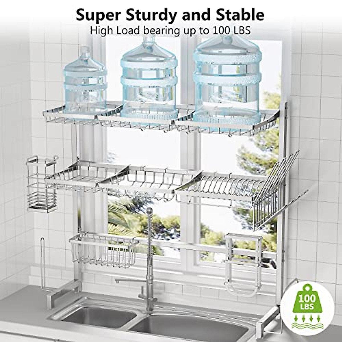 1Easylife Over The Sink Dish Drying Rack 3 Tier Stainless Steel Large Kitchen Rack Dish Drainers for Home Kitchen Counter Storage, Shelf with Utensil Holder, Above Sink Shelves (silver1)