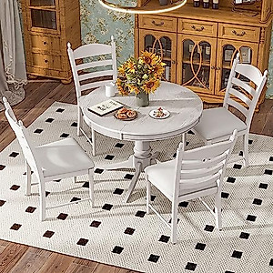 HAUSHECK Round 4-Extendable Table and Upholstered Chairs, Soft Padded Cushion, Modern Multifunctional Rustic Style Home Furniture, 5-Pieces Kitchen & Dining Room Sets, Antique White