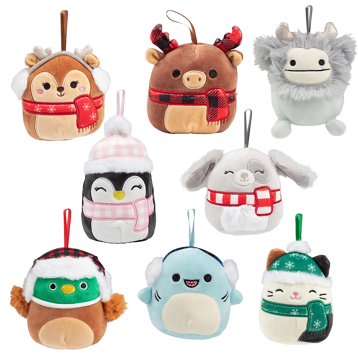 Squishmallows 4" Mini Hanging Winter Decorations, 8-Pack - Official Jazwares Plush - Includes Cam The Cat, Darla The Fawn & More! Collectible Squishy & Soft Stuffed Animal Toy - Gift for Kids