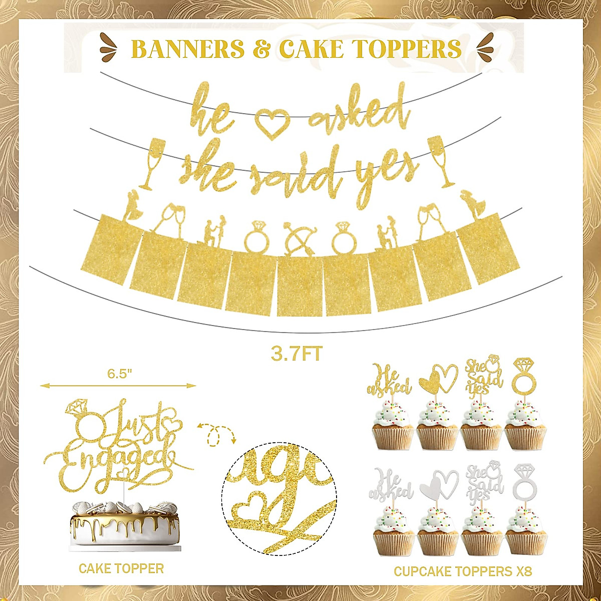 Hombae Engagement Party Decorations, Gold and White Bridal Shower Dimond Fringe Curtain Balloon Garland Leaves He Asked She Said Yes Banner Cake Cupcake Topper Box Cutout I Do Confetti Sash