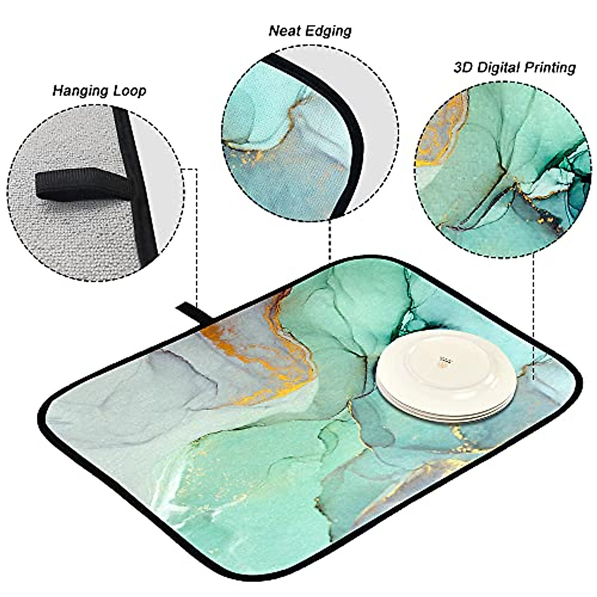 Teal Marble & Golden Swirls Dish Drying Mat for Kitchen, Small Microfiber Easy Storage Drying Pad, 16" x 18"