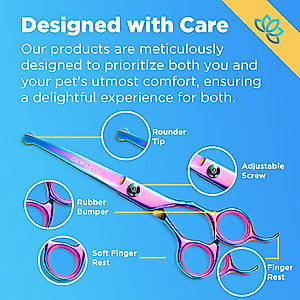 Equinox Dog Grooming Scissors & Deshedder - 7 in 1 Pet Grooming Scissors Set with undercoat brush - Curved Dog Scissors with safety tips - Includes Thinning & Rounded Shears - For dogs & cats