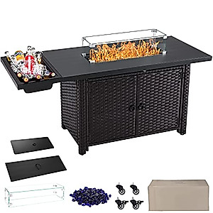 Propane Fire Pit Table, 54 in 50,000 BTU PE Rattan Gas Fire Pit with Glass Wind Guard, Waterproof Cover, Lava Glass, CSA Certified for Outside Garden/Patio/Deck/Poolside.