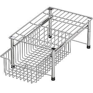 SimpleHouseware Stackable 2 Tier Sliding Basket + Single Tier Basket, Chrome