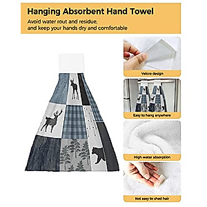Retro Countryside Bear Moose Woods Hand Towel with Hanging Loop, Grey Blue Buffalo Plaid Hanging Tie Towels Set 2 Pcs, Kitchen Absorbent Towel for Bathroom Tea Bar Laundry