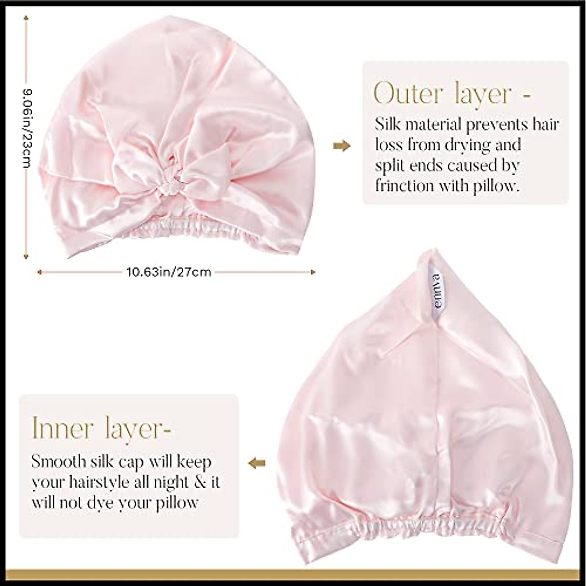 ennva 22 Momme 100% Silk Sleep Cap 2-Layered Night Hair Bonnet - Sleeping Cap for Curly Hair -Head Wrap for Maximum Moisture Pink