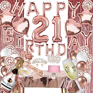 21st Birthday Decorations for Her - Rose Gold 21 Birthday Party Decor, Happy Birthday Banner, Table Cloth, Cake Topper, Bday Sash and Tiara Crown, Balloons Set for Twenty One Years Old Party Supplies