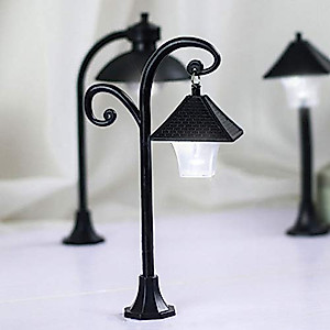 3pcs Model Street Post Lights Ornament Mini Dollhouse Solar Lamp Railway Train Lamp Miniature Village Pathway Lantern Post for Fairy Garden Plant Decoration Black