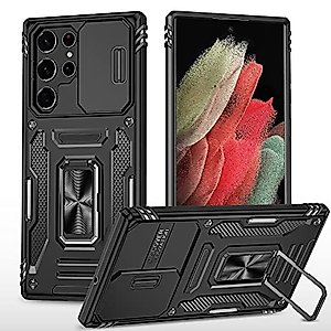 LKPINGAN for Samsung Galaxy S22 Ultra 5G Case with Slide Camera Cover &360 Degree Rotating Ring Kickstand, Military Grade Drop Protection Rugged Shockproof Case for Galaxy S22 Ultra 6.8 Inch Black