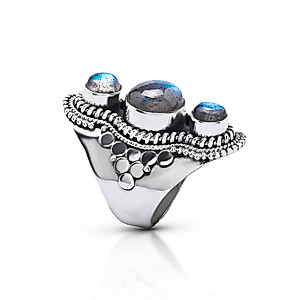 Koral Jewelry Labradorite 3 Stones Vintage Gipsy Ring 925 Sterling Silver US Size 7 8 9 (9)