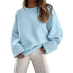 ANRABESS Women's Oversized Crewneck Long Sleeve Fuzzy Knit Casual Chunky Warm 2025 Fall Pullover Sweaters Top Trendy Outfits Blue X-Large