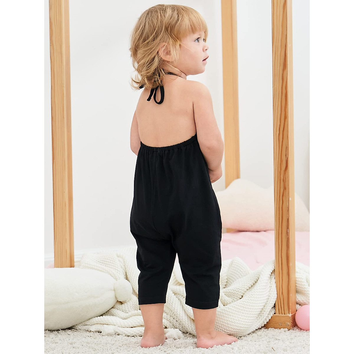 Lindanina Slouch Jumpsuit for Toddlers Harem Strap Romper Little Girls Backless Halter Playsuit with Pockets Cute Solid One Piece(Black, 2-3T)