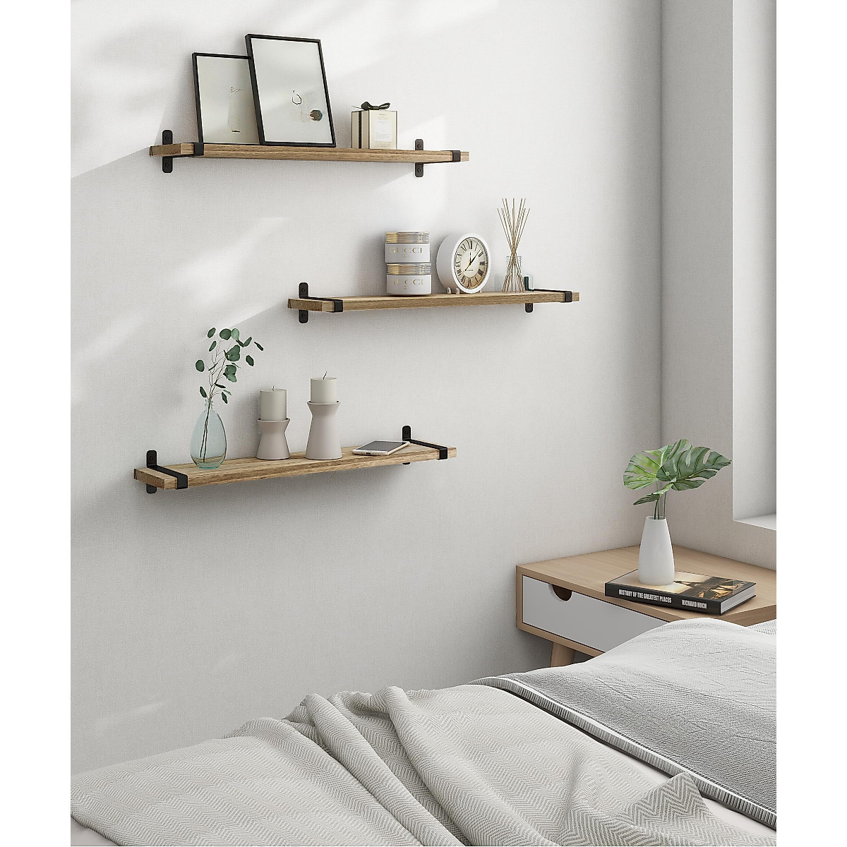 Sapowerntus Wood Floating Shelves Bathroom Wall Mounted, 24 Inch Light Rustic Farmhouse Narrow Shelf Storage, Bedroom Living Room Kitchen Office Display Decor with U Metal Brackets Set of 3