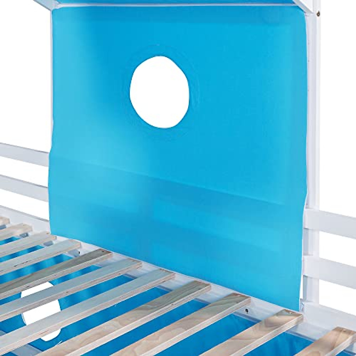 DEYOBED Twin Size Bunk Bed with Slide and Built-in Ladder, Wood Castle Loft Bed Frame with Blue Tent and Tower, Ideal Playhouse for Kids Boys Girls, Blue