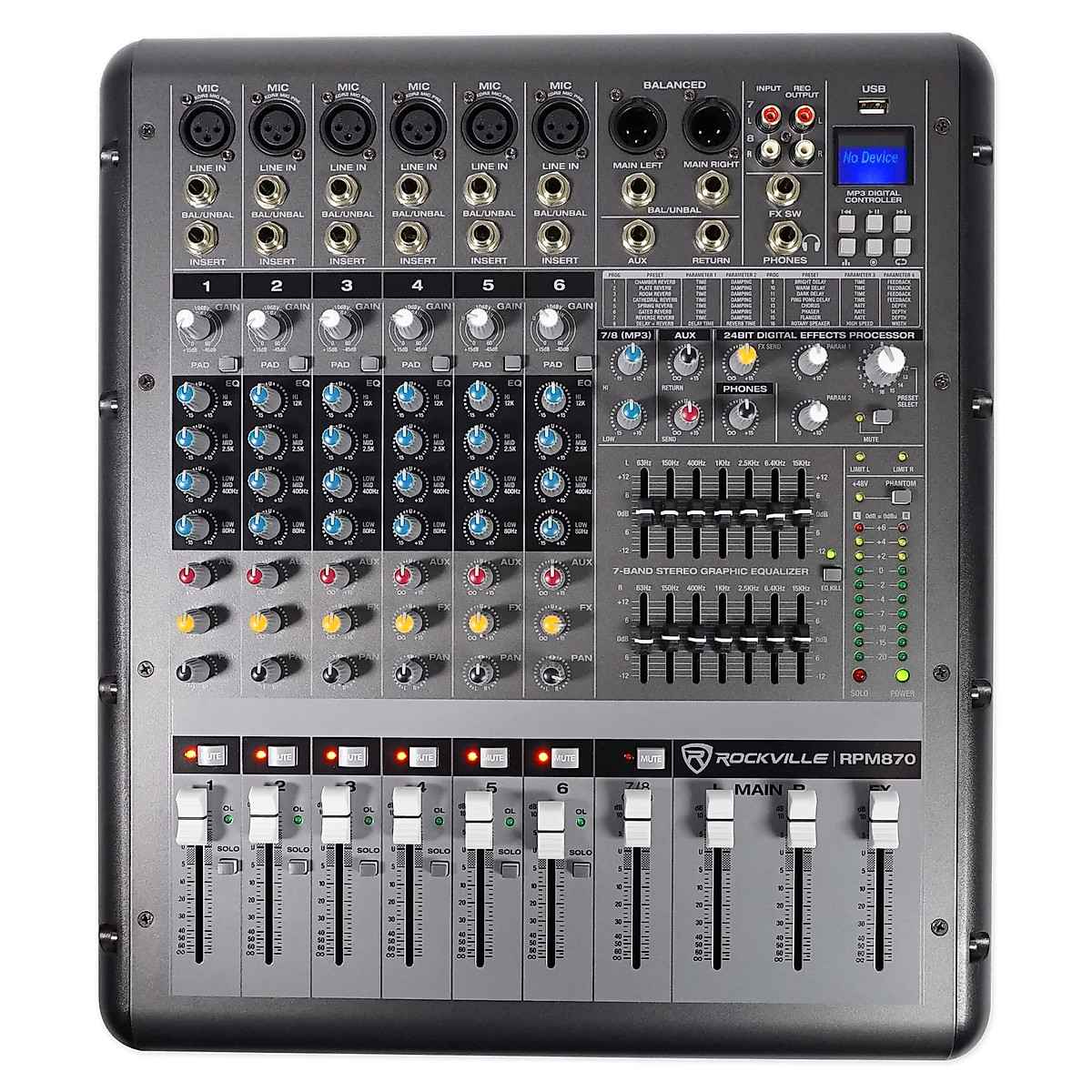 Rockville RPM870 8 Channel 6000w Powered Mixer w/USB, Effects, 8 XDR2 Mic Pres