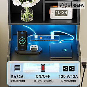 ADORNEVE Tall Night Stand with Charging Station and LED Lights,Nightstand with Bookshelf,Bedside Table with Drawers & Power Outlets,End Side Table for Bedrooms (Black)