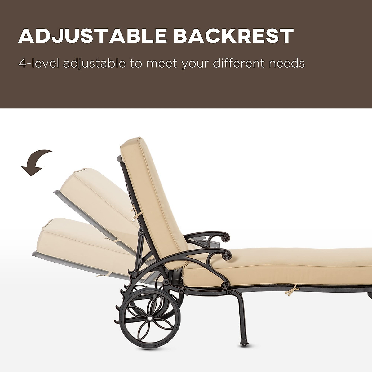 Outsunny Aluminum Adjustable Chaise Lounge Chair, Folding 4-Position Patio Recliner, Wheels, Armrests, Side Table, Cushion for Poolside, Backyard, Deck, Porch Garden, Beige