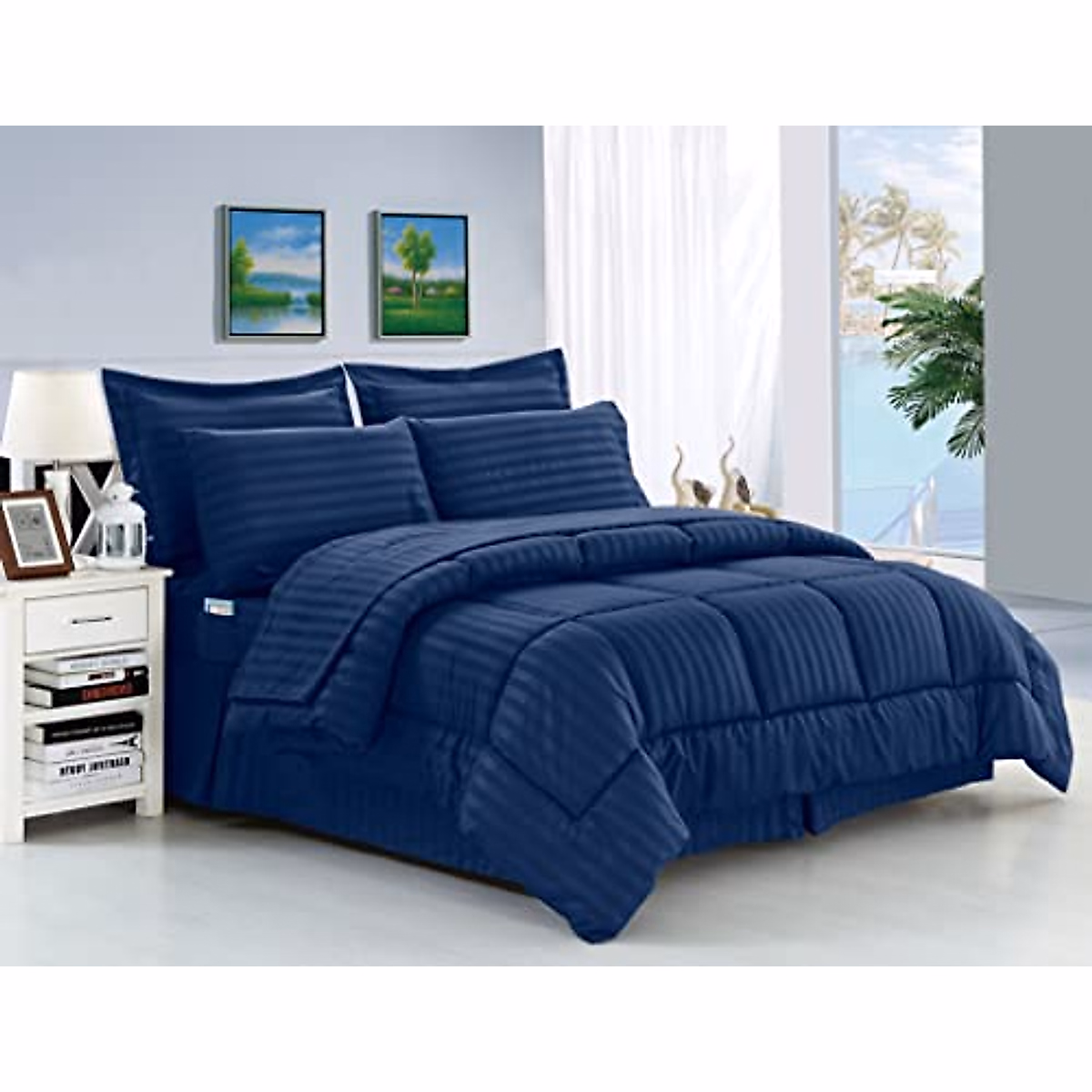 Elegant Comfort® Wrinkle Resistant - Silky Soft Dobby Stripe Bed-in-a-Bag 8-Piece Comforter Set -HypoAllergenic - King Navy Blue