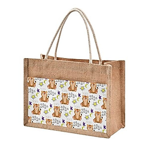 Jute Tote Burlap Bag Tiger White Purple Animal Cute Star Moon Dots Gift Bag Women DIY Work Grocery Storage Bag