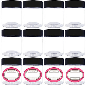 12 Pack 4 oz Plastic Jars,Wide-mouth Clear Storage Containers with Black Lids, Empty Round Clear Plastic Jars with Lids and labels for Body Butter, Bath Salt, Slime and Beauty Products