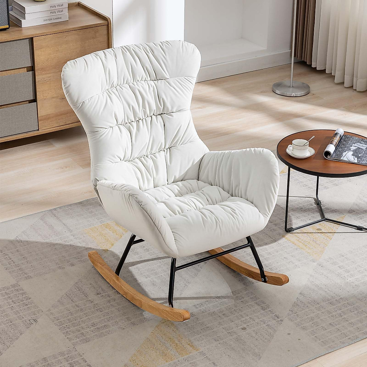 JEEOHEY Nursery Rocking Chair,Velvet Upholstered Glider Rocker Chair,Comfy Arm Chair,Modern Baby Rocking Accent Chair Indoor for Living Room, Bedroom,Office(Ivory)