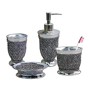 nu steel Beaded Heart Resin Bath Accessory Set for Vanity Countertops, 4 Piece Luxury Ensemble Includes Dish, Toothbrush Holder, Tumbler, soap an, Silver