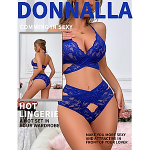 Donnalla Women Sexy Lingerie Set Two Piece Lace Bra and Panty Set Babydoll Sleepwear, Royal Blue, Large