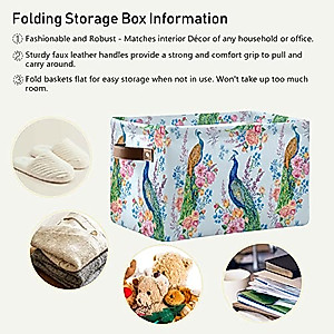 Large Storage Basket Peacock Tropical Animal Cube Storage Bin Canvas Fabric Organizer Handles Collapsible Decorative Bedroom