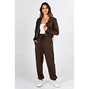PRETTYGARDEN Women's 2 Piece Tracksuit Outfits Long Sleeve Zip Up Sweatshirt Drawstring Sweatpants Lounge Set (Coffee,Large)