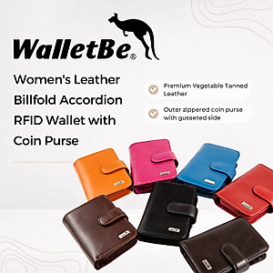 WalletBe Women's Wallet Leather RFID Coin Purse Billfold Accordion Brandy