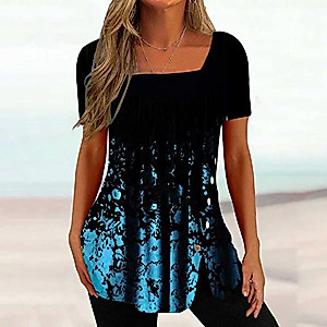 SMIDOW Womens Tunic Tops to Wear with Leggings 2023 Trendy Summer Short Sleeve Square Bohemian Shirts Long t-Shirt with Slit