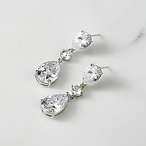 SWEETV Teardrop Wedding Earrings for Brides Birdesmaids, Crystal Cubic Zirconia Bridal Drop Earrings for Wedding Women Prom, Silver