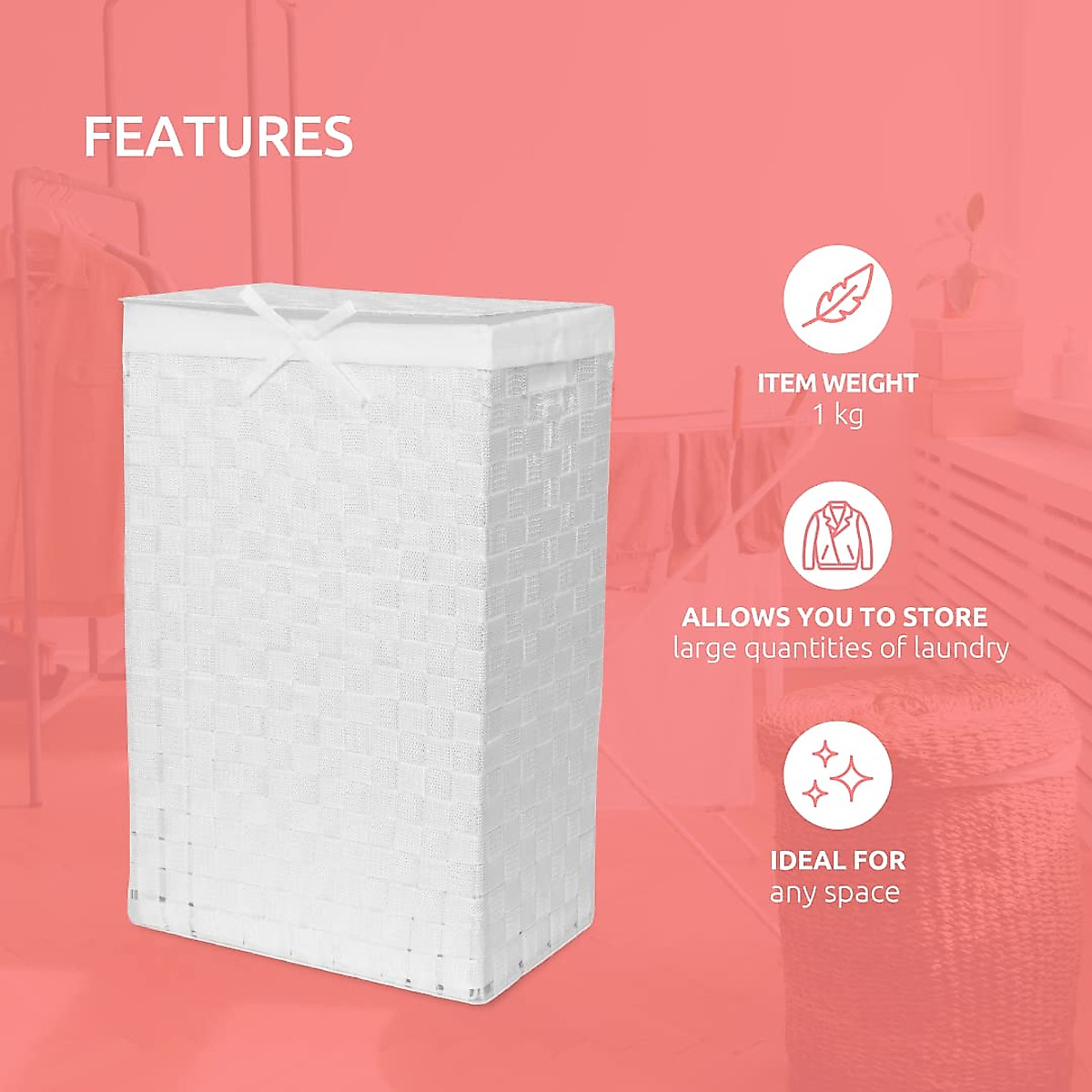 Compactor Rectangle Laundry Basket with Lid, Woven Washing Hamper for Storing Clothes and Linen in Bedrooms and Bathrooms, Removable Liner and Carry Handles, White, Stan Range