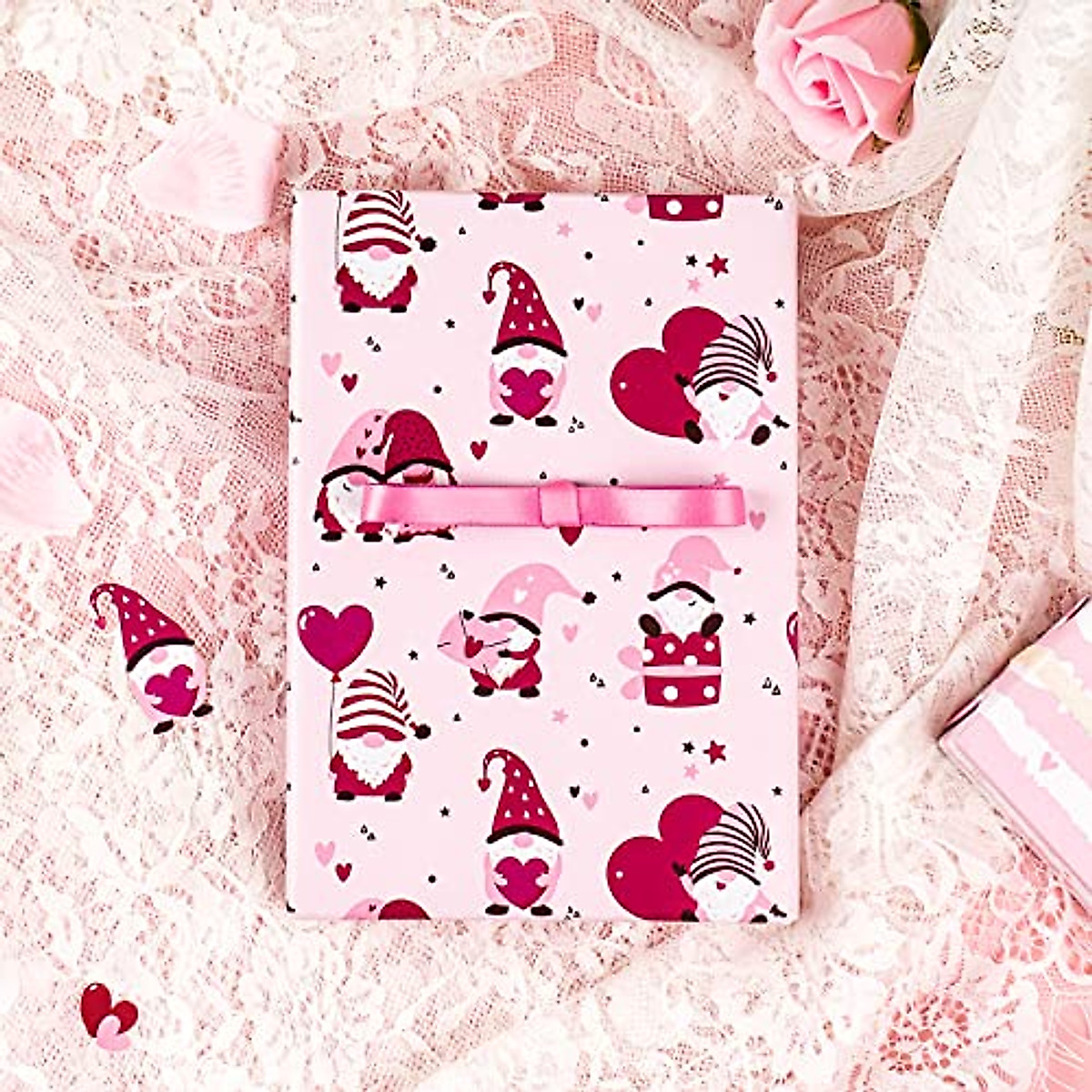BIOBROWN Wrapping Paper Sheet - Pink with Gnome Design for Valentine's Day - Folded Flat - 19.6 inch X 27.5 inch per Sheet, Total of 12 Sheet