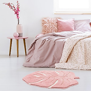 Beyond Deco Hand Tufted Monstera Pink leaf Rug 47x31 inches, non slip soft palm tree plant Area Rug, Anime non slip machine washable bath mats for shower