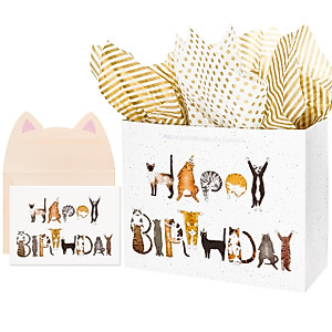 Crisky 13" Large Cat Happy Birthday Gift Bag with Tissue Paper and Card for Girls Kids Adults Women Birthday Party