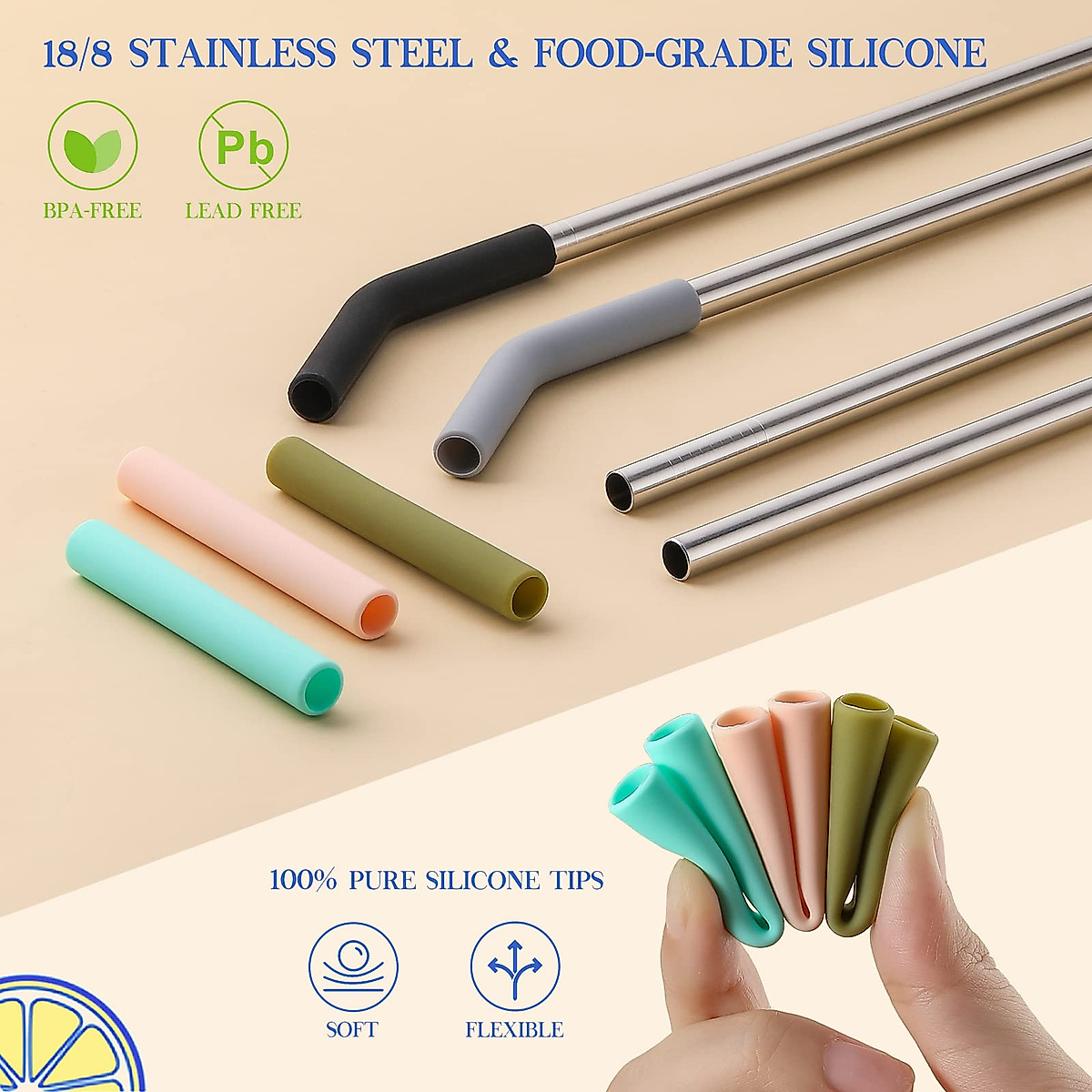 12-Pcs Reusable Metal Straws with Silicone Tips, Stainless Steel Drinking Straws with 3 Cleaning Brushes & 1 Portable Bag- Perfect for 30 oz and 20 oz Tumblers