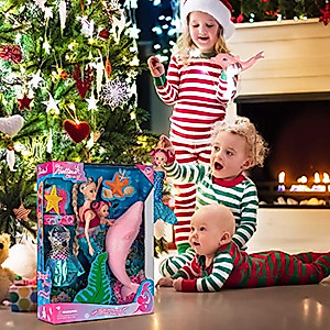 Mermaid Princess Doll with Little Mermaid and Pink Dolphin Playset, Blonde Hair Mermaid Toys with Accessories, Gift for 3 to 7 Year Old Girls