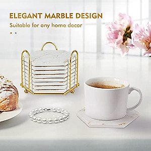 Geichan Coasters for Drinks with Holder, Absorbent Marble Coasters Set of 8, Ceramic White and Gold Coasters for Coffee Table,Housewarming Gift,Tabletop Protection, Home Decor
