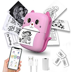 Thermal Mini Printer, Wireless Inkless Sticker & Label Maker with Tape, Bluetooth Machine Buddy for Phone iOS&Android, Free Cut Pocket Printer for Notes&Children DIY, Instant Photo Printing (Pink)